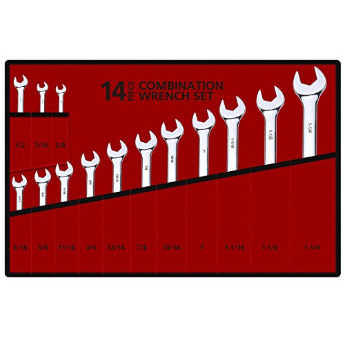 14-Piece Premium Extra Long Large Size SAE Inch Combination Wrench Set, Fractional Sizes from 3/8” up to 1-1/4” with Roll-up Pouch | Chrome Vanadium Steel, Mirror Chrome Finish, Unique V-Groove Design