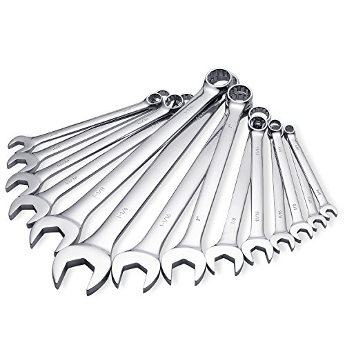 14-Piece Premium Extra Long Large Size SAE Inch Combination Wrench Set, Fractional Sizes from 3/8” up to 1-1/4” with Roll-up Pouch | Chrome Vanadium Steel, Mirror Chrome Finish, Unique V-Groove Design