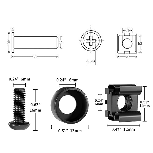 M6 x 16mm Rack Mount Cage Nuts, Screws and Washers for Rack Mount Server Cabinet, Rack Mount Server Shelves, Routers, 50 PACK Rack Mount Screws and Square Insert Nuts, Self-Locking Cable Ties for Free