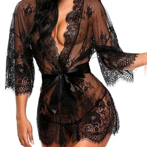 Avidlove lingerie robe Women's Lace Kimono Robe Babydoll Lingerie Mesh Nightgown Black M