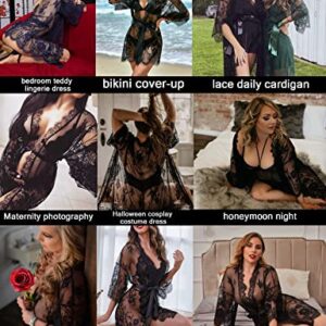 Avidlove lingerie robe Women's Lace Kimono Robe Babydoll Lingerie Mesh Nightgown Black M