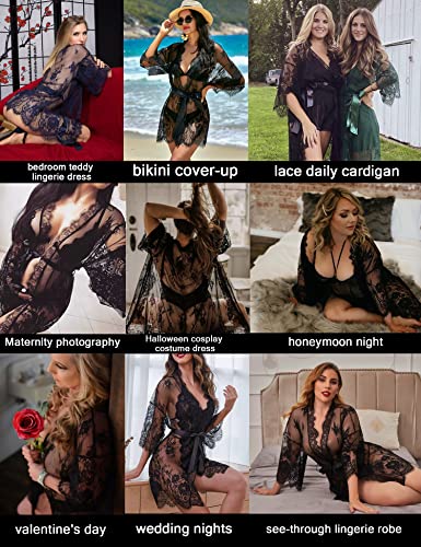 Avidlove lingerie robe Women's Lace Kimono Robe Babydoll Lingerie Mesh Nightgown Black M