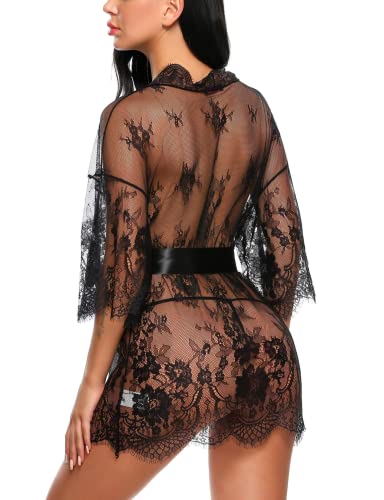 Avidlove lingerie robe Women's Lace Kimono Robe Babydoll Lingerie Mesh Nightgown Black M