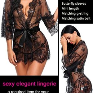 Avidlove lingerie robe Women's Lace Kimono Robe Babydoll Lingerie Mesh Nightgown Black M