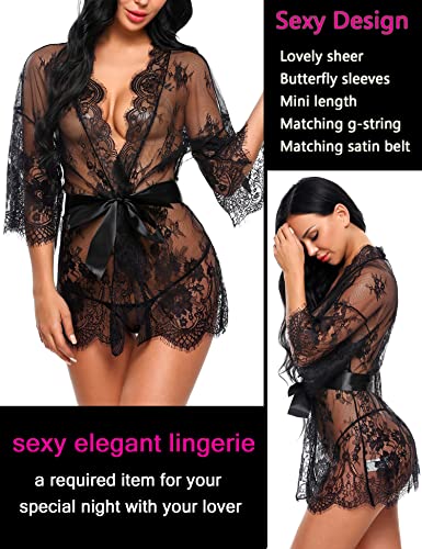 Avidlove lingerie robe Women's Lace Kimono Robe Babydoll Lingerie Mesh Nightgown Black M