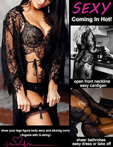 Avidlove lingerie robe Women's Lace Kimono Robe Babydoll Lingerie Mesh Nightgown Black M