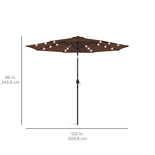 Best Choice Products 10ft Solar Powered Aluminum Polyester LED Lighted Patio Umbrella w/Tilt Adjustment and UV-Resistant Fabric - Brown