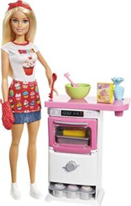 barbie bakery chef doll & playset, toy oven with 'timer' sound, rising desserts, color-change & cooking accessories