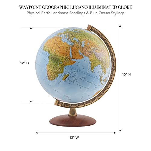 Waypoint Geographic Lugano Globe, 12" Illuminated Blue Ocean-Style Globe, Up-to-Date Globe, Reference Globe, Decorative World Globe For Home and Office Decor