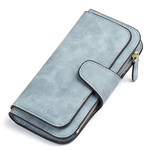 Wallet for Women PU Leather Clutch Purse Bifold Long Designer Ladies Checkbook Multi Credit Card Holder Organizer with Coin Zipper Pocket Light Blue