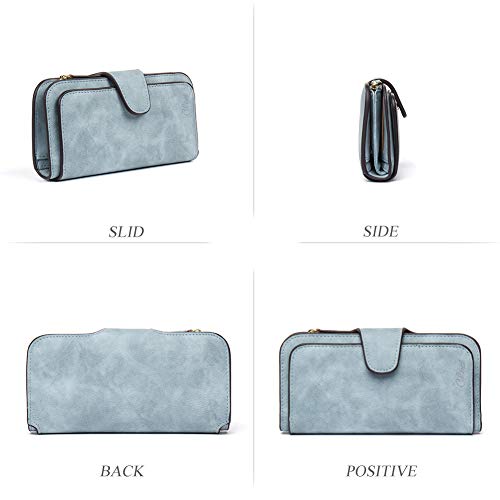 Wallet for Women PU Leather Clutch Purse Bifold Long Designer Ladies Checkbook Multi Credit Card Holder Organizer with Coin Zipper Pocket Light Blue