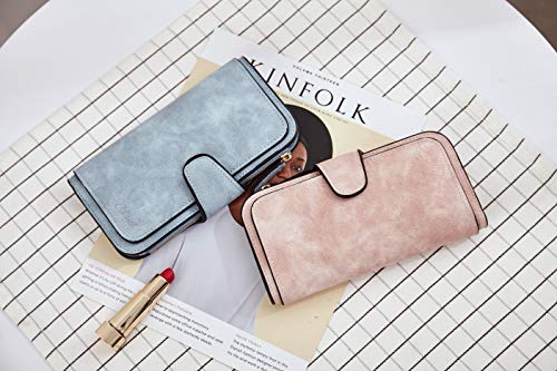 Wallet for Women PU Leather Clutch Purse Bifold Long Designer Ladies Checkbook Multi Credit Card Holder Organizer with Coin Zipper Pocket Light Blue