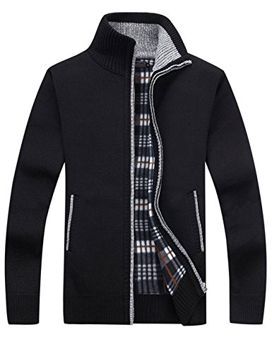 Yeokou Men's Casual Slim Full Zip Thick Knitted Cardigan Sweaters with Pockets (Large, Black)