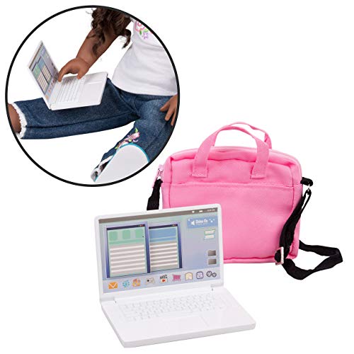 Dress Along Dolly Metal Computer Laptop with Carrying Bag Made for All 18" Dolls - Durable Metal Construction With Detailed Display and Accessory Pink Case - Gift for Girls Kids Birthday