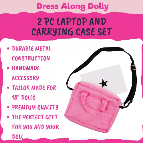 Dress Along Dolly Metal Computer Laptop with Carrying Bag Made for All 18" Dolls - Durable Metal Construction With Detailed Display and Accessory Pink Case - Gift for Girls Kids Birthday