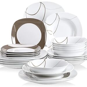 VEWEET, Series Nikita, Plates and Bowls Sets for 6, Square Dinnerware Sets, 24 Piece Dish Modern Plate Set, Minimalist Brown Lines Crockery Set