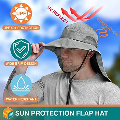 SUN CUBE Wide Brim Sun Hat with Neck Flap, Fishing Hiking for Men Women Safari, Neck Cover for Outdoor Sun Protection UPF50+ | Gray