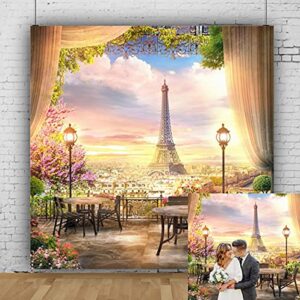 leowefowa 5x5ft vinyl backdrops photography background eiffel tower wooden chair desk curtain flowers romantic backdrop for kids lover 1.5(w) x1.5(h) m photo studio props