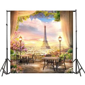 Leowefowa 5X5FT Vinyl Backdrops Photography Background Eiffel Tower Wooden Chair Desk Curtain Flowers Romantic Backdrop for Kids Lover 1.5(W) X1.5(H) M Photo Studio Props