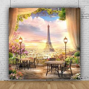 Leowefowa 5X5FT Vinyl Backdrops Photography Background Eiffel Tower Wooden Chair Desk Curtain Flowers Romantic Backdrop for Kids Lover 1.5(W) X1.5(H) M Photo Studio Props