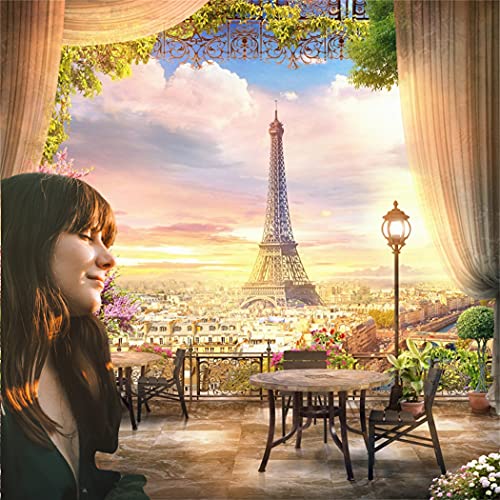 Leowefowa 5X5FT Vinyl Backdrops Photography Background Eiffel Tower Wooden Chair Desk Curtain Flowers Romantic Backdrop for Kids Lover 1.5(W) X1.5(H) M Photo Studio Props