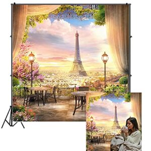 Leowefowa 5X5FT Vinyl Backdrops Photography Background Eiffel Tower Wooden Chair Desk Curtain Flowers Romantic Backdrop for Kids Lover 1.5(W) X1.5(H) M Photo Studio Props