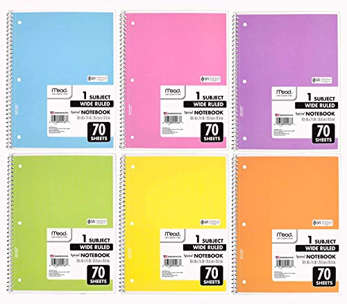 Mead Spiral Notebook, 24 Pack of 1-Subject Wide Ruled Spiral Bound Notebooks, Pastel Color Cute school Notebooks, 70 Pages