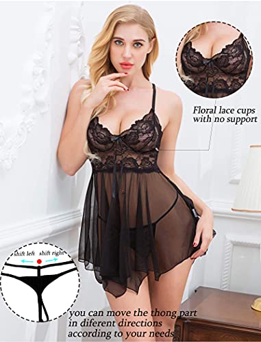 Avidlove Women Babydoll Set Mesh Lingerie Strap Chemise Lace Sleepwear Outfits Black Small