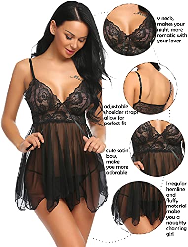 Avidlove Women Babydoll Set Mesh Lingerie Strap Chemise Lace Sleepwear Outfits Black Small