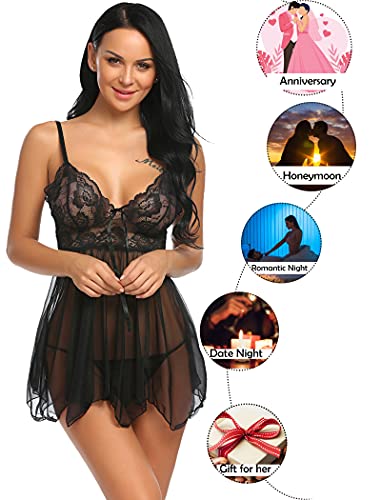 Avidlove Women Babydoll Set Mesh Lingerie Strap Chemise Lace Sleepwear Outfits Black Small