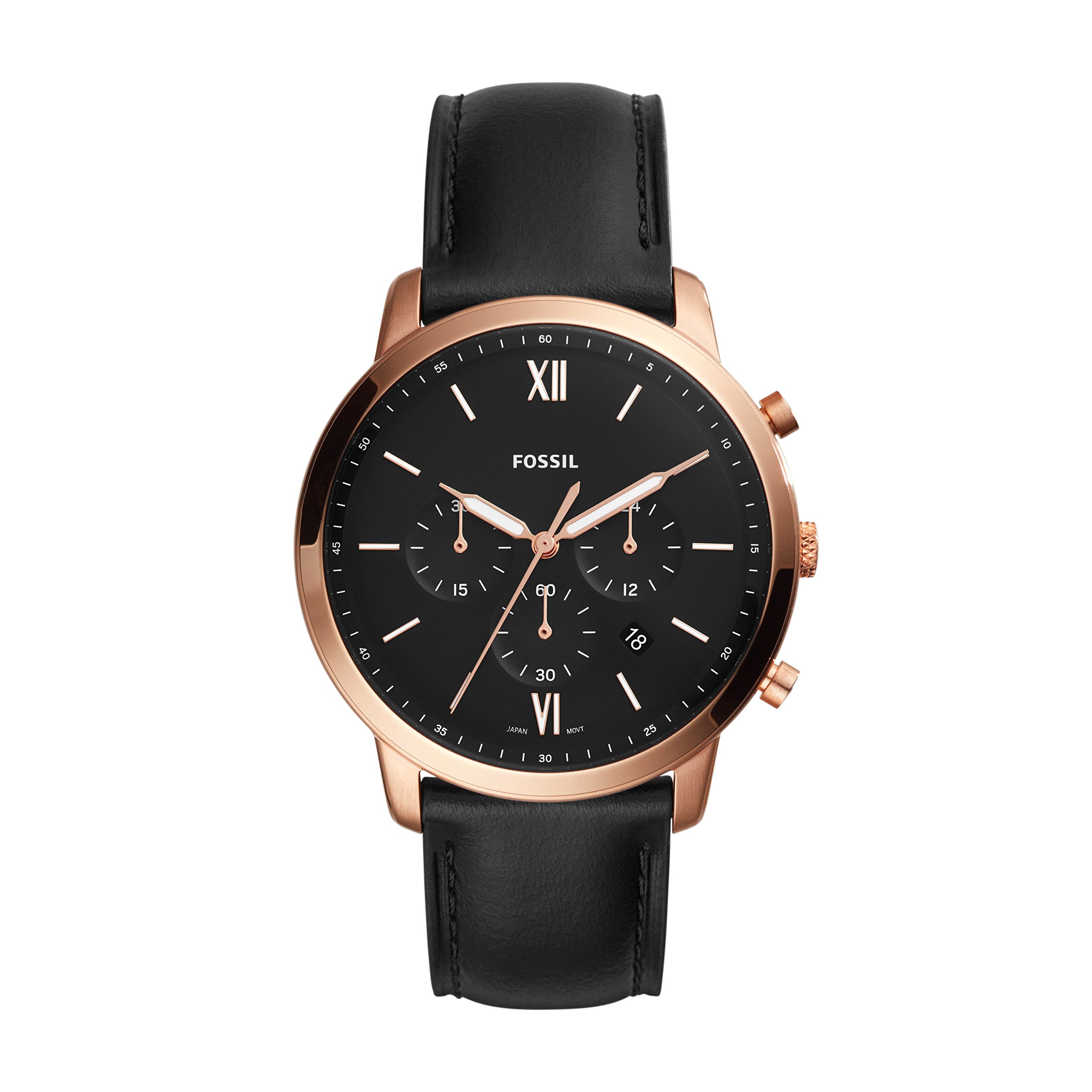 Fossil Men's Neutra Quartz Stainless Steel and Leather Chronograph Watch, Color: Rose Gold, Black (Model: FS5381)