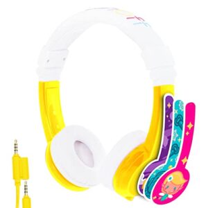 onanoff explore foldable, volume-limiting kids headphones, built-in microphone, buddycable, perfect for ipad, iphone, fire, and android, yellow