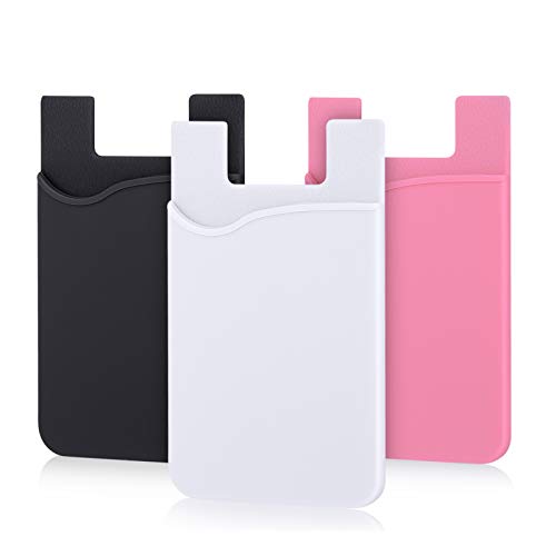 Phone Card Holder, Pofesun Silicone Adhesive Stick-on ID Credit Card Wallet Phone Case Pouch Sleeve Pocket Compatible for iPhone/Android/Samsung Galaxy and Smartphones - 3 Pack(Black, White, Pink)