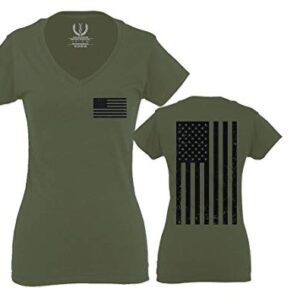 Vintage American Flag United States of America Military Army Marine us Navy USA for Women V Neck Fitted T Shirt (Olive Large)