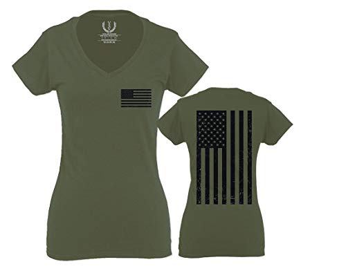 Vintage American Flag United States of America Military Army Marine us Navy USA for Women V Neck Fitted T Shirt (Olive Large)