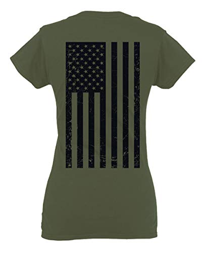 Vintage American Flag United States of America Military Army Marine us Navy USA for Women V Neck Fitted T Shirt (Olive Large)