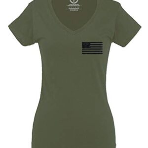 Vintage American Flag United States of America Military Army Marine us Navy USA for Women V Neck Fitted T Shirt (Olive Large)