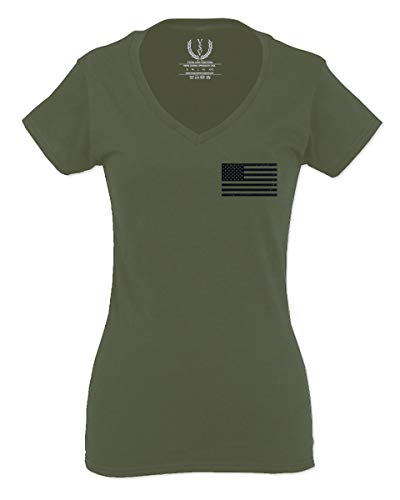 Vintage American Flag United States of America Military Army Marine us Navy USA for Women V Neck Fitted T Shirt (Olive Large)