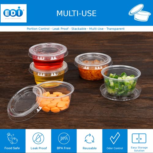 EDI [2 OZ, 100 Sets] Clear Disposable Plastic Portion Cups with Leakproof Lids | Jello Shot Cups | Condiment and Dipping Sauce Cups | Souffle Cups | BPA Free | Recyclable