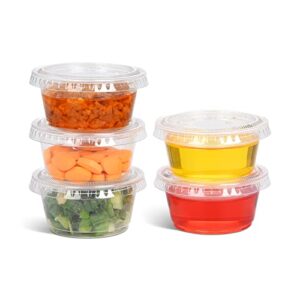 EDI [2 OZ, 100 Sets] Clear Disposable Plastic Portion Cups with Leakproof Lids | Jello Shot Cups | Condiment and Dipping Sauce Cups | Souffle Cups | BPA Free | Recyclable