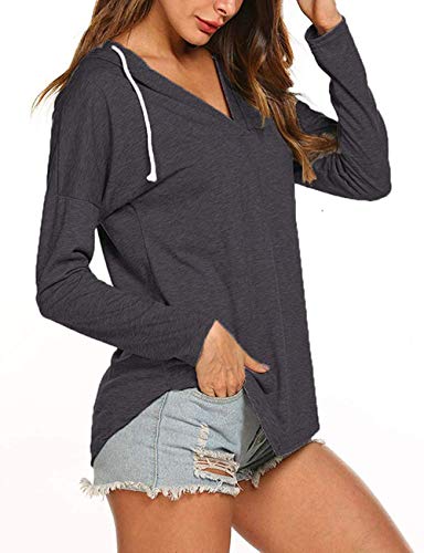 shushuKISS Womens Hooded V Neck Sweatshirts Long Sleeve Hoodie Soft Hoody Tshirts Dark Gray XX-Large