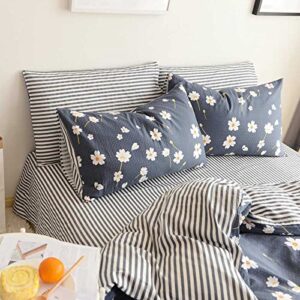 HighBuy Floral Duvet Cover Kids Girls Shabby Chic Duvet Cover Set Cotton Striped Reversible Stripe Pattern Navy Blue Teens Boys Bedding Sets Twin Single Bed Comforter Covers