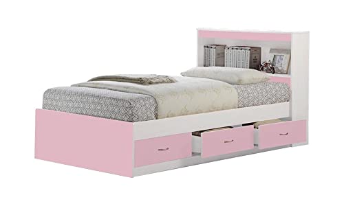 Hodedah Twin-Size Captain Bed with 3-Drawers and Headboard in Pink