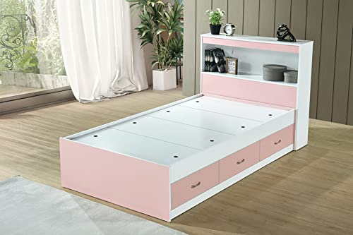 Hodedah Twin-Size Captain Bed with 3-Drawers and Headboard in Pink