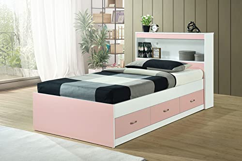 Hodedah Twin-Size Captain Bed with 3-Drawers and Headboard in Pink