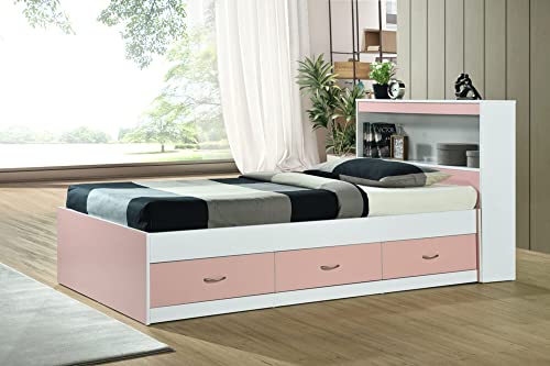 Hodedah Twin-Size Captain Bed with 3-Drawers and Headboard in Pink