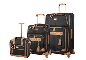 steve madden designer luggage collection- 3 piece softside expandable lightweight spinner suitcases- travel set includes under seat bag, 20-inch carry on & 28-inch checked suitcase (harlo black)