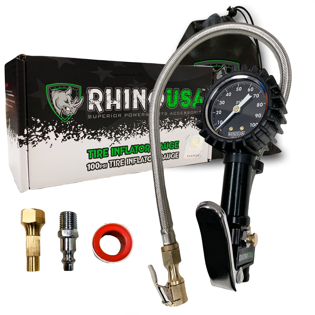 Rhino USA Tire Inflator with Pressure Gauge (0-100 PSI) - ANSI B40.1 Accurate, Large 2" Easy Read Glow Dial, Premium Braided Hose, Solid Brass Hardware, Best for Any Car, Truck, Motorcycle, RV…