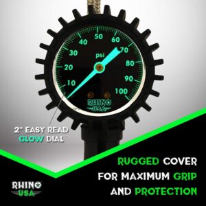 Rhino USA Tire Inflator with Pressure Gauge (0-100 PSI) - ANSI B40.1 Accurate, Large 2" Easy Read Glow Dial, Premium Braided Hose, Solid Brass Hardware, Best for Any Car, Truck, Motorcycle, RV…