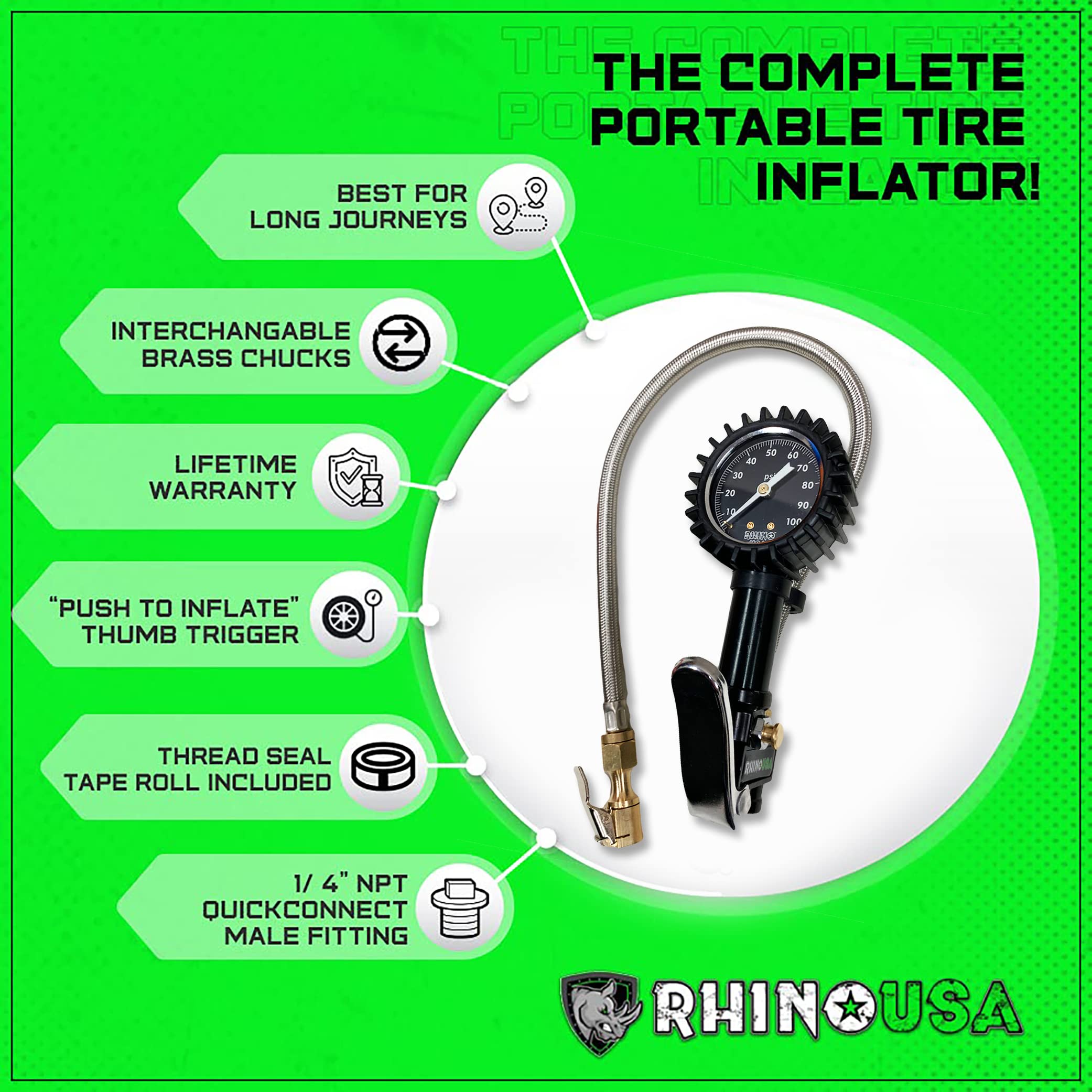 Rhino USA Tire Inflator with Pressure Gauge (0-100 PSI) - ANSI B40.1 Accurate, Large 2" Easy Read Glow Dial, Premium Braided Hose, Solid Brass Hardware, Best for Any Car, Truck, Motorcycle, RV…